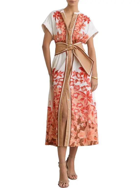REISS Sawyer Printed Cotton Dress With Belt - Pink/ivory