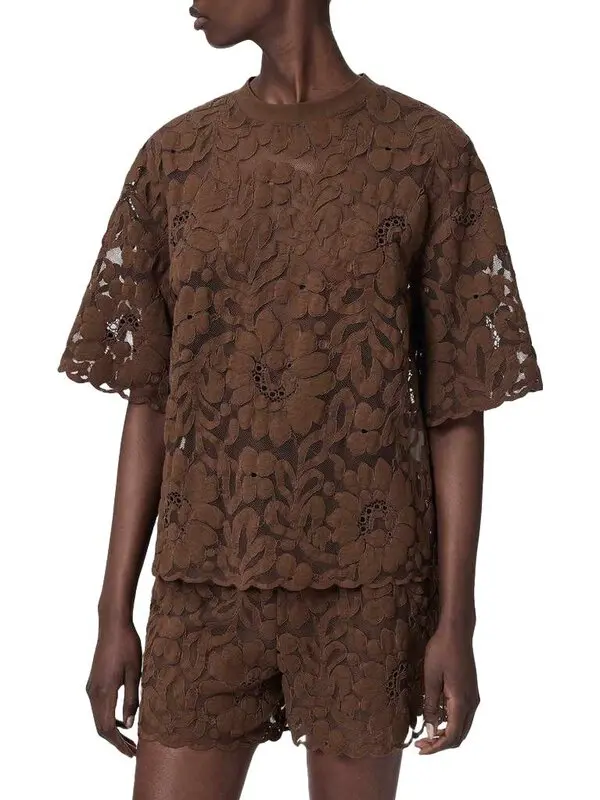 ALLSAINTS Amelie Floral Lace T-shirt - Bitter Brown