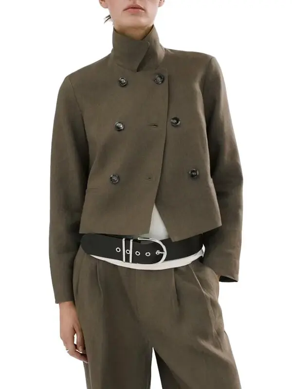 Mango Double-breasted Cropped Linen Jacket - Khaki Green