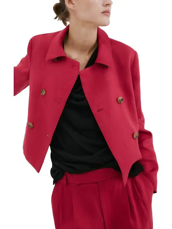 Mango Double-breasted Cropped Linen Jacket - Red