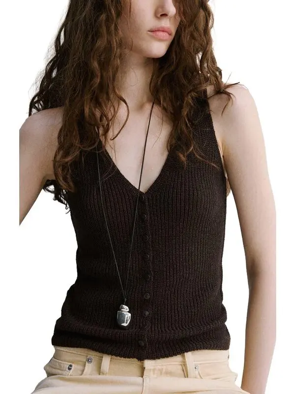 Mango V-neck Button-front Sweater Vest - Chocolate