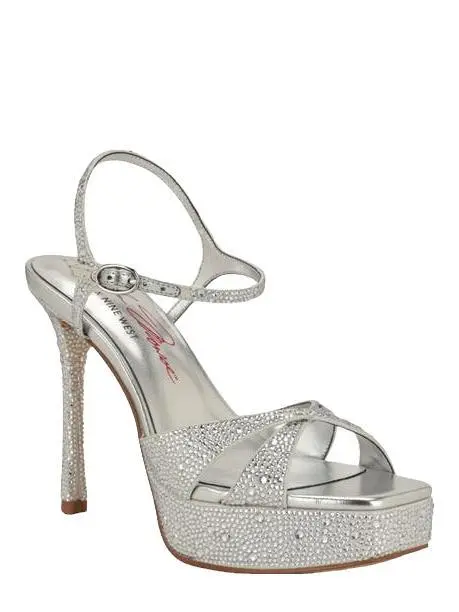 Nine West Embellished Ankle Strap Platform Sandals - Metallic Silver
