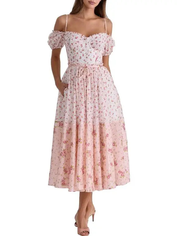 House Of Cb Penelope Floral Puff Sleeve Corset Chiffon Midi Dress - Pink Rose