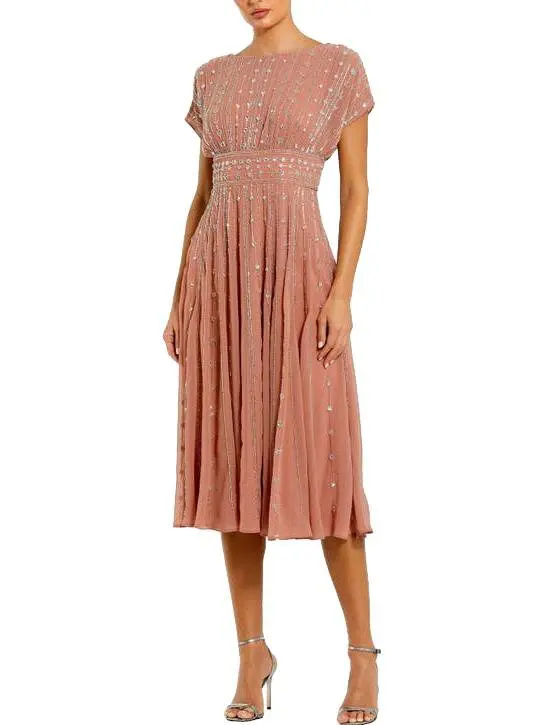 Mac Duggal Embellished Beaded Georgette Blouson A-line Midi Dress - Cinnamon