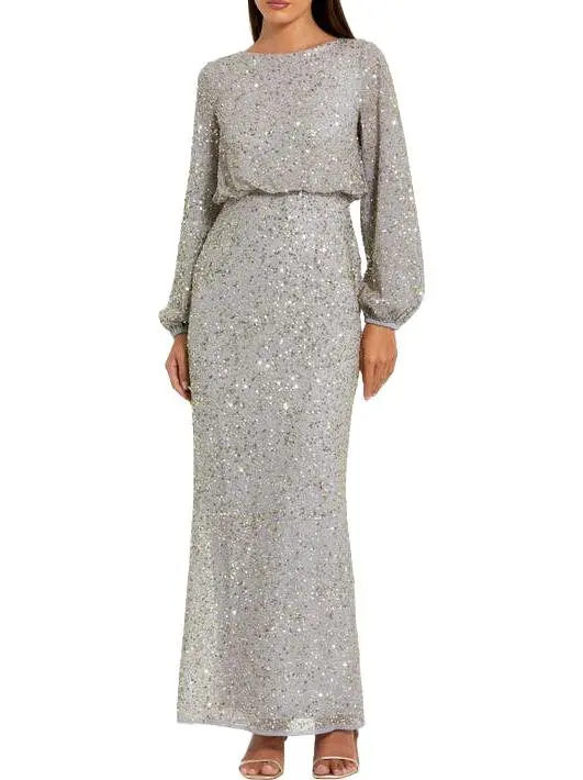 Mac Duggal Beaded Mesh Blouson Sleeve Evening Gown - Platinum Gold