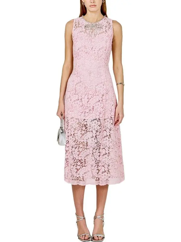 Endless Rose Rhinestone Bow Lace Midi Dress - Light Pink
