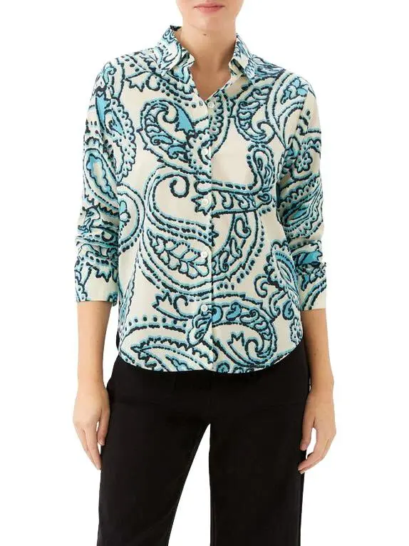 Karen Kane Paisley Print Ruched Sleeve Shirt - Ivory/blue Print