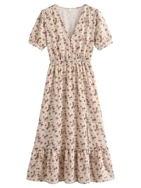 LATELIER LONDON Floral Print V-neck Midi Dress - White