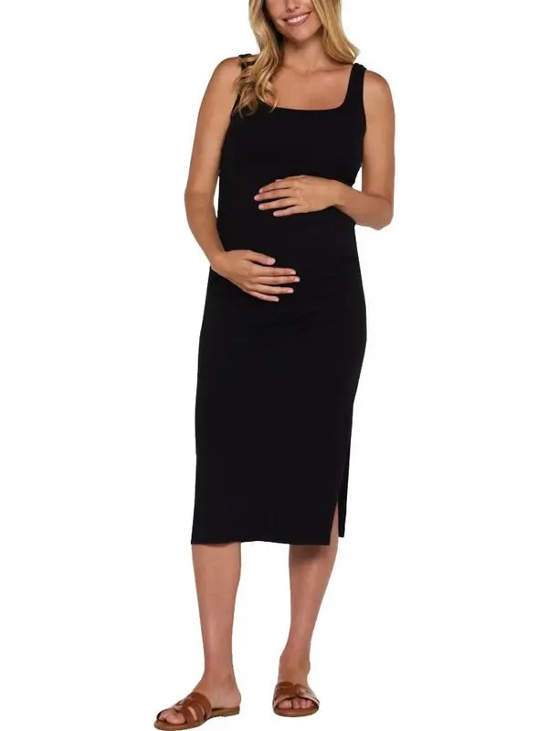 Motherhood Maternity Sleeveless Square Neck Side Ruched Midi Dress - Black