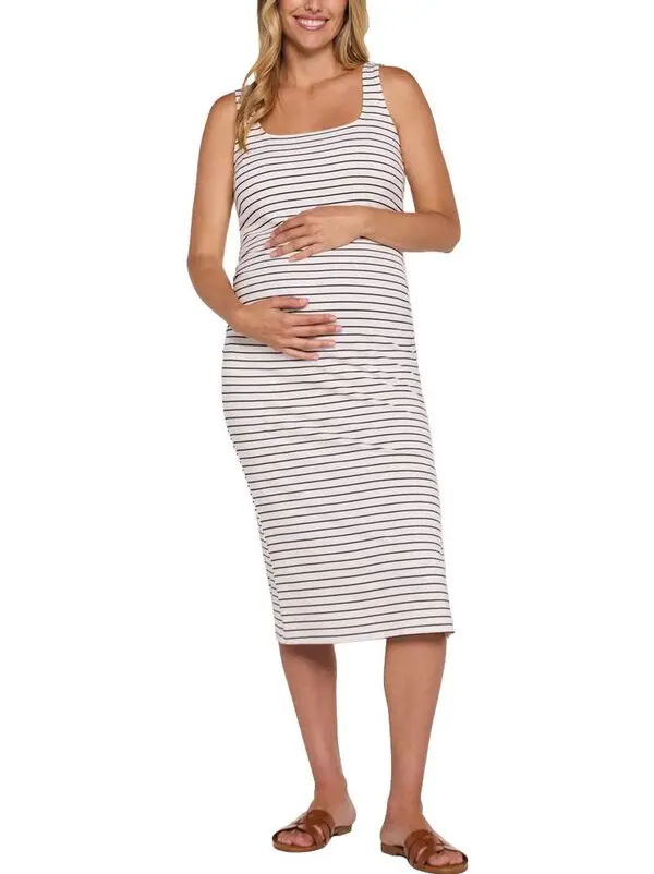 Motherhood Maternity Sleeveless Square Neck Side Ruched Midi Dress - White & Black Stripe
