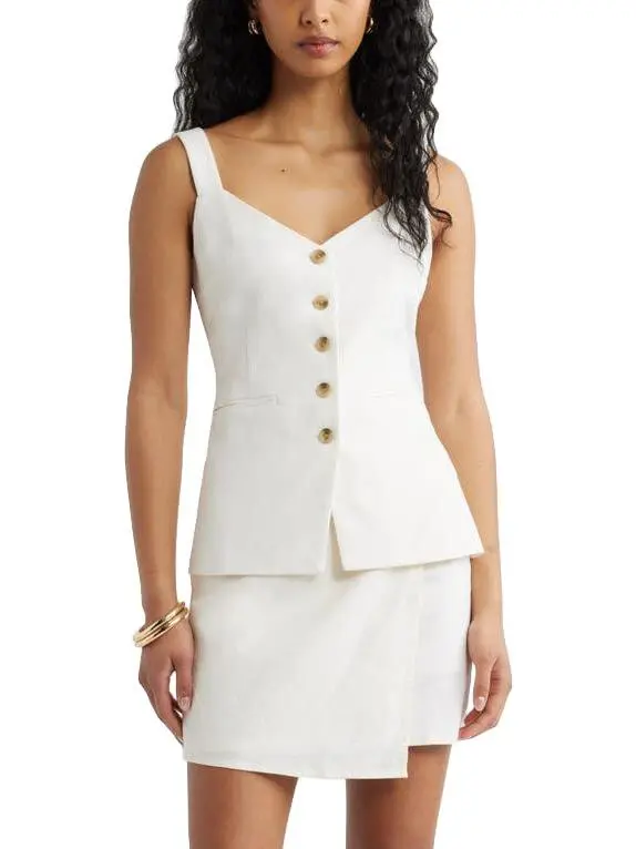 OPEN EDIT Button Front Linen Blend Tank - White
