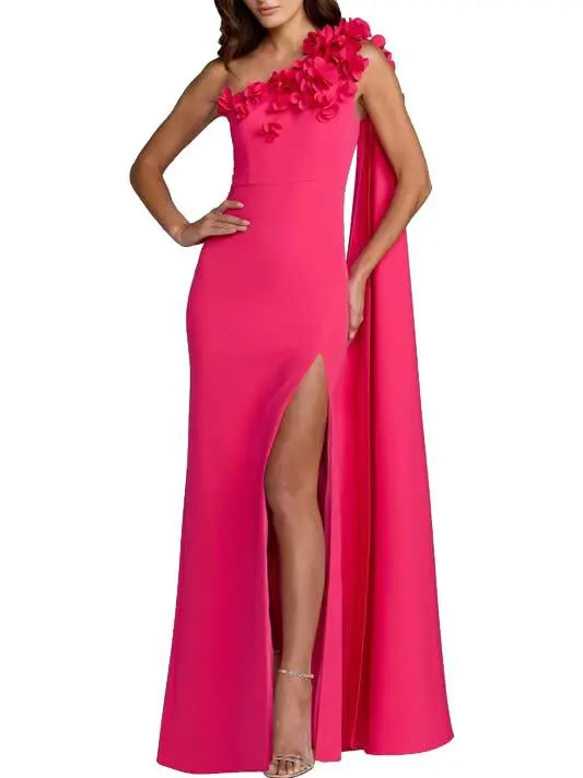 Mac Duggal Crepe One Shoulder Gown With 3d Floral Appliqué And Cape - Hot Pink