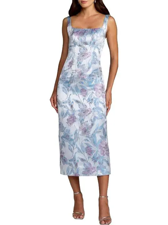Mac Duggal Sleeveless Square Neck Floral Print Midi Dress - Blue Multi
