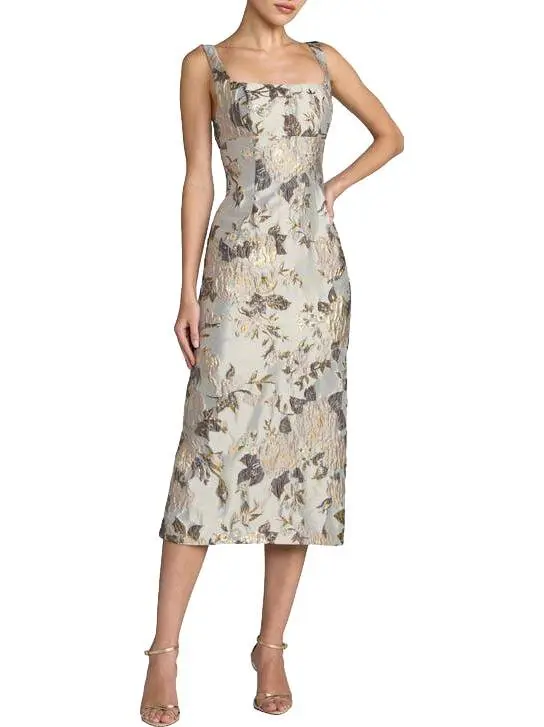 Mac Duggal Brocade Sleeveless Square Neck Midi Dress - Platinum Multi