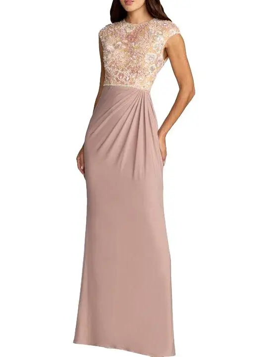 Mac Duggal Embroidered Jersey Cap Sleeve Column Gown - Taupe Multi