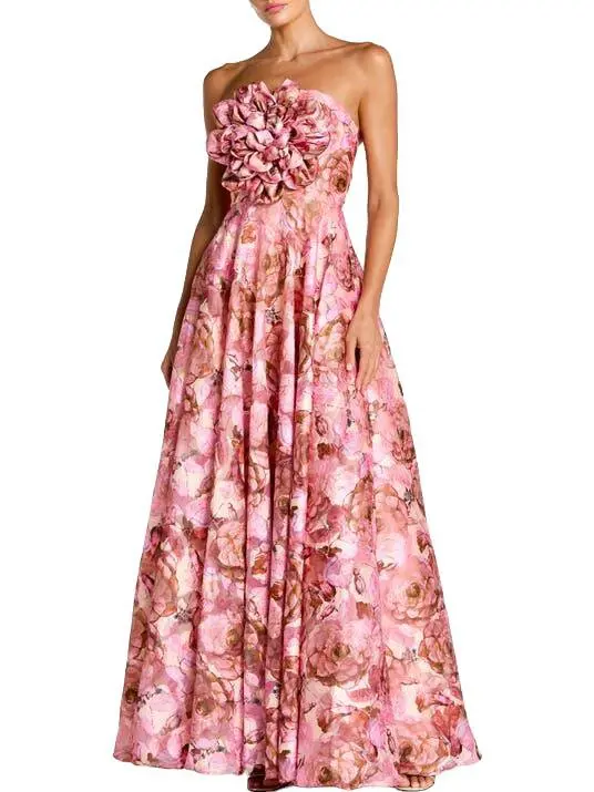 Mac Duggal Strapless Floral Organza Gown With 3d Flower Detail - Rose Multi