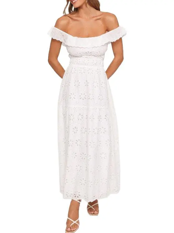 PETAL & PUP Elywn Embroidered Eyelet Cotton Maxi Dress - White