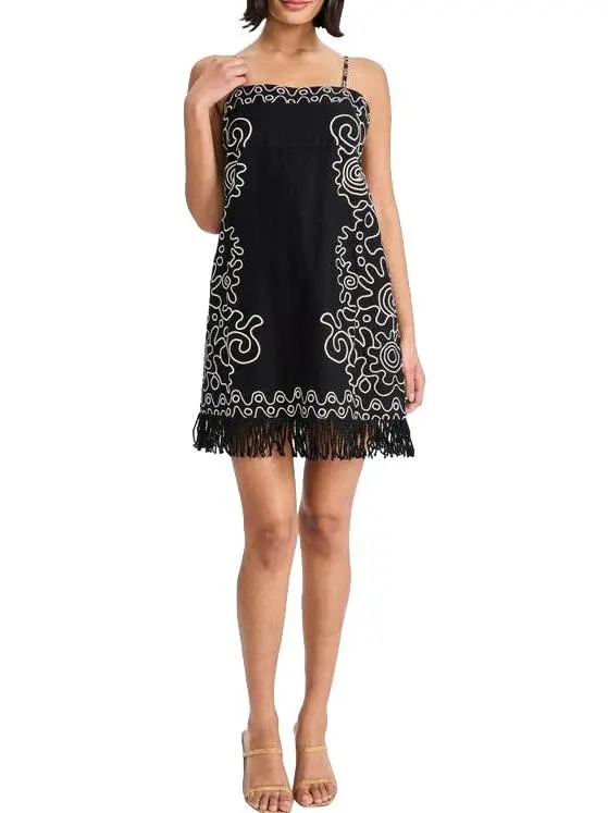 THE GOOD JOURNEY Embroidered Fringe Trim Sleeveless Mini Dress - Black/cream