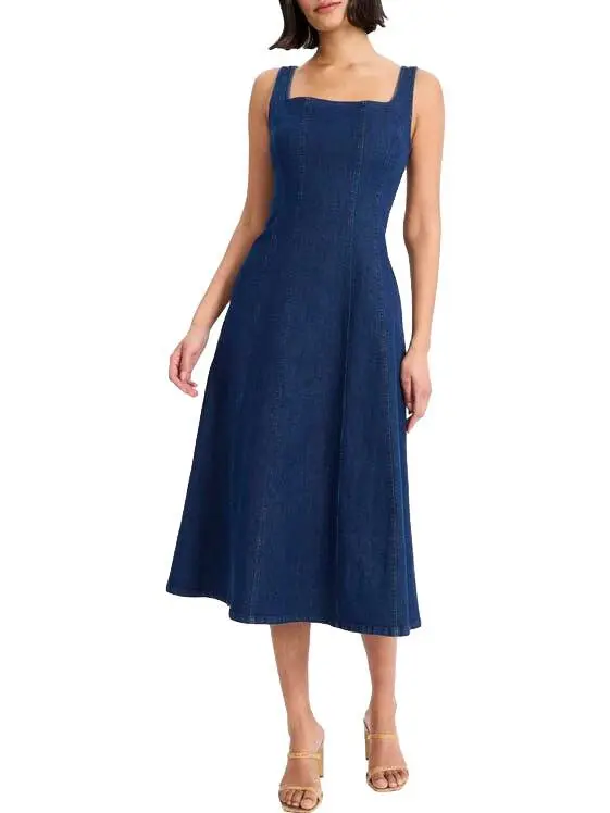 Maggy London Sleeveless Square Neck Denim Midi Dress - Dark Wash