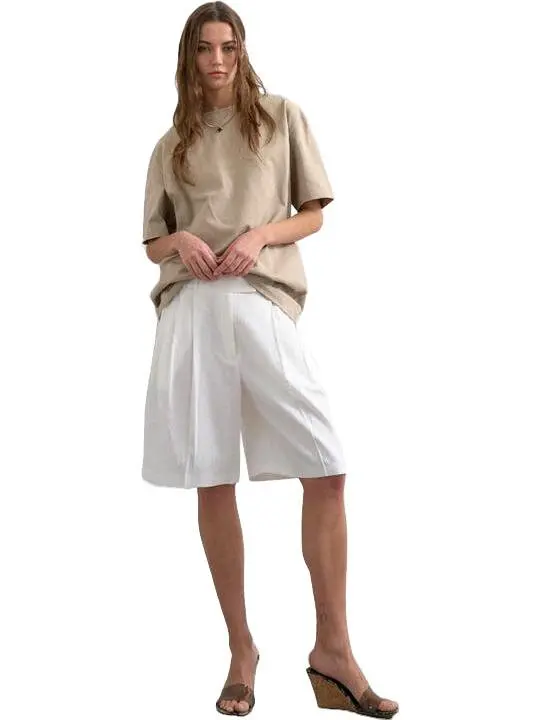 Topshop Linen Blend Wide-leg Bermuda Shorts With Pleats - Ecru