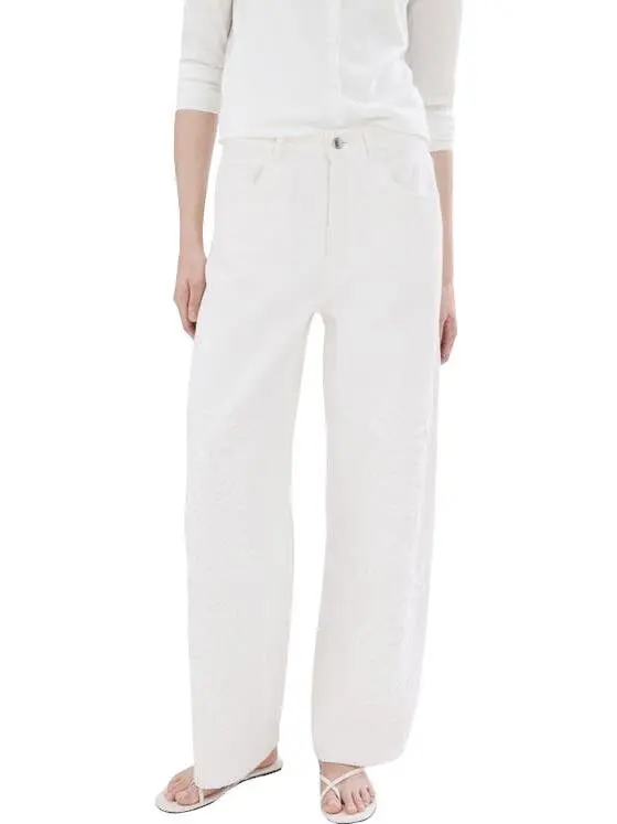 Mango Embroidered Wide Leg Jeans - Off White