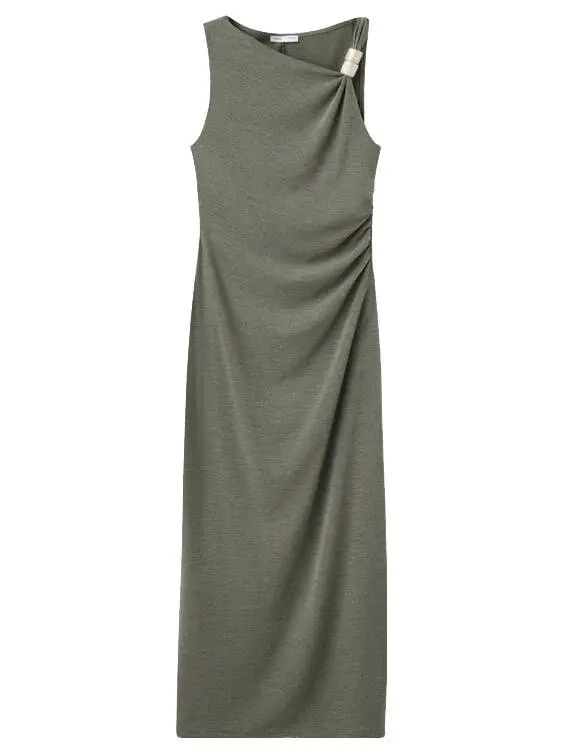 Mango Sleeveless Asymmetrical Neck Midi Dress With Ruching - Green
