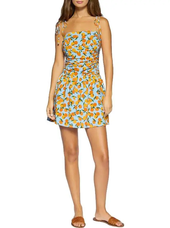 LOST + WANDER Citrus Print Ruched Mini Dress - Blue Orange
