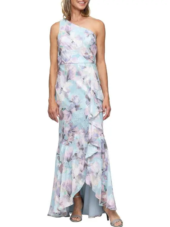Alex Evenings One-shoulder Floral Print Burnout Chiffon Gown - Blue/multi