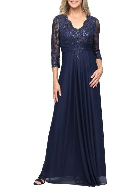 Alex Evenings Sequin Chiffon Gown With Embroidered Bodice And 3/4 Illusion Sleeves - Navy