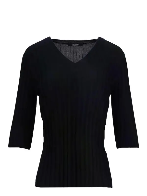 LA ROSE Ribbed Knit V-neck Top - Black