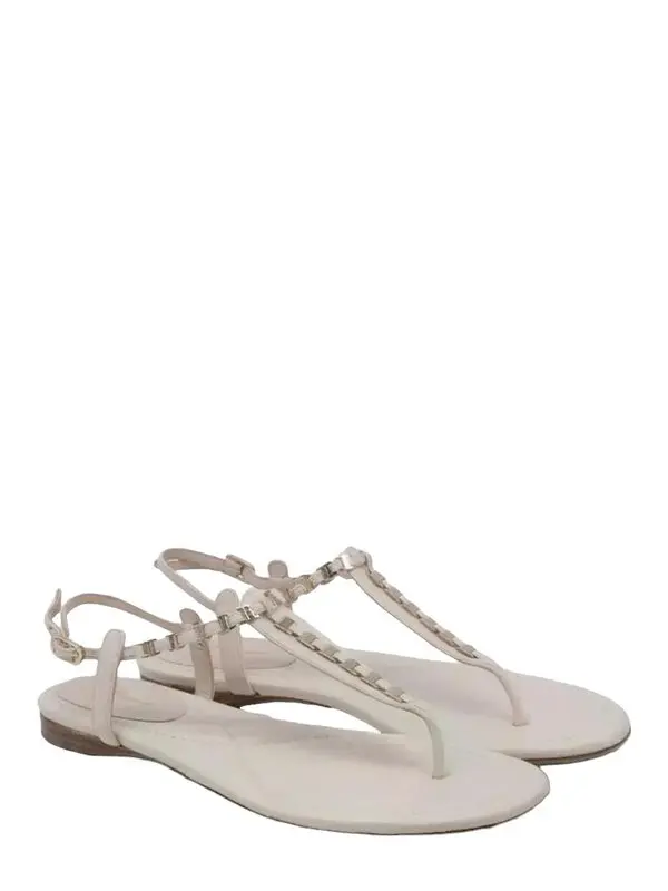 FERRAGAMO White Leather Chain-link T-strap Sandals - Neutrals