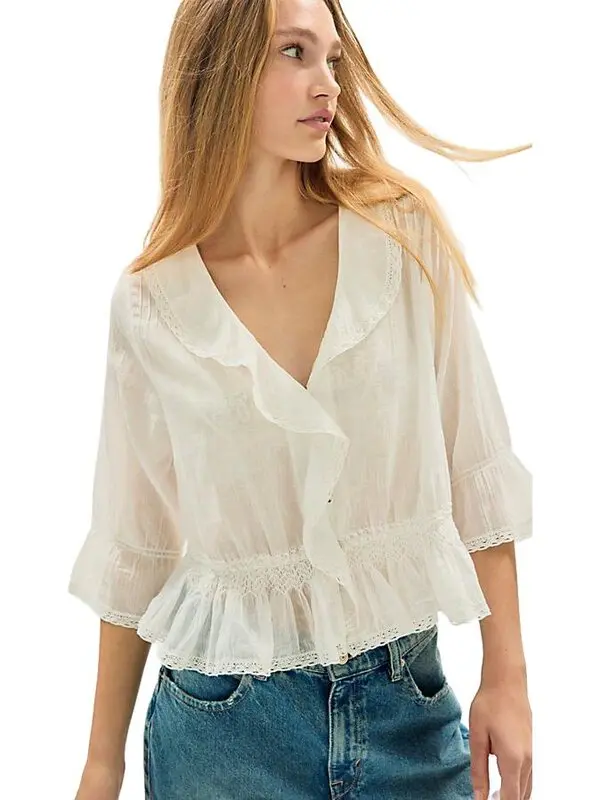 SPELL Prairie Blouse Embroidered Lace Trim Peasant Top - Whisper White