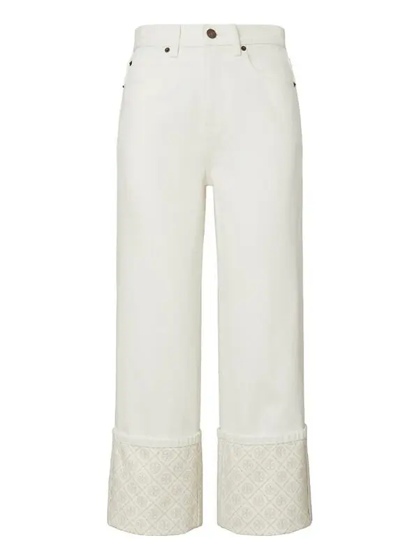 Tory Burch T Monogram Contrast Cuff Cropped Jeans - White