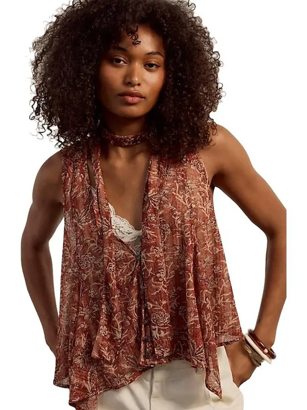 Free People Leanne Floral Print Sleeveless V-neck Chiffon Top - Chestnut Combo