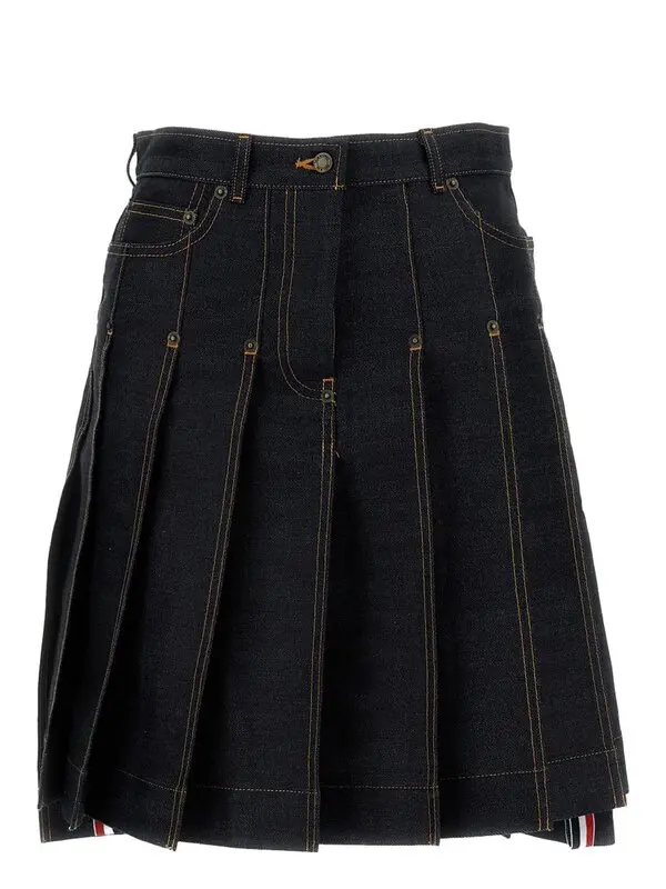 Thom Browne Pleated Denim Skirt With Contrast Stitching - Blue