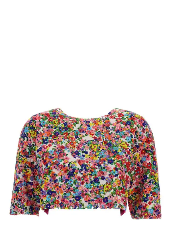 Pero Embroidered Floral Beaded Cropped Top - Multicolore