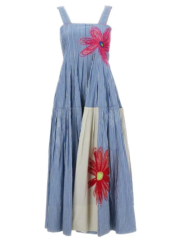 Pero Striped Cotton Maxi Dress With Embroidered Flower Detail - Multicolor