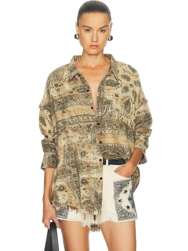 R13 Shredded Seam Drop Neck Shirt - Khaki Bandana Black Overprint