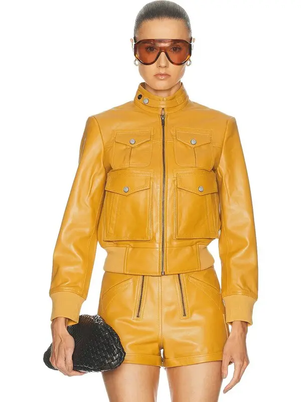 R13 Cropped Zip Up Leather Jacket - Yellow Mustard