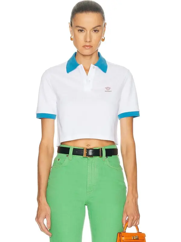 Versace Short Sleeve Cropped Polo - White & Azure Blue