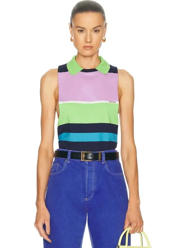 Versace Sleeveless Polo Top In Navy And Pink - Bright Pink  Ink  White  Bright Green  &