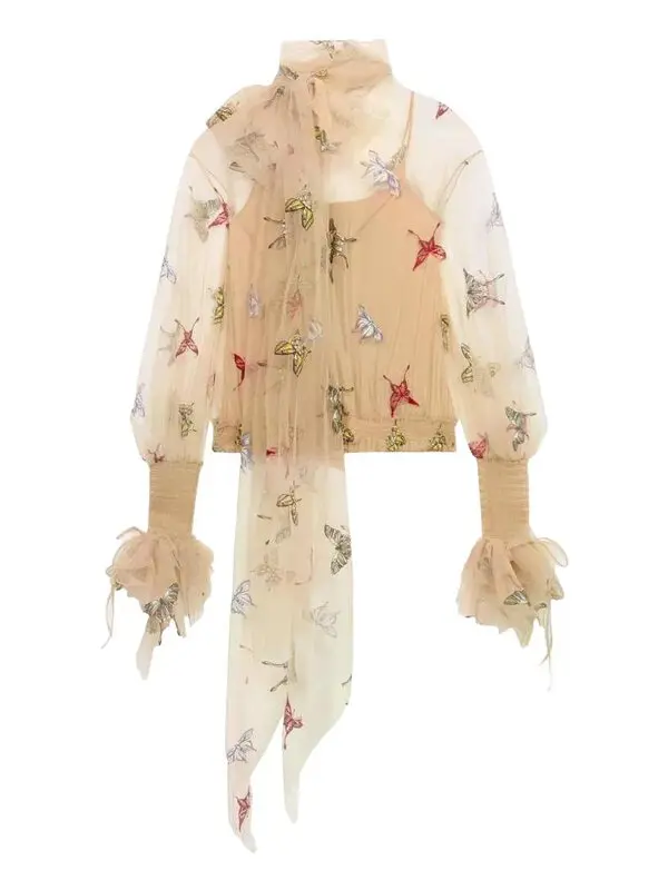 Blumarine Butterfly Embroidered Mesh Blouse - Neutrals