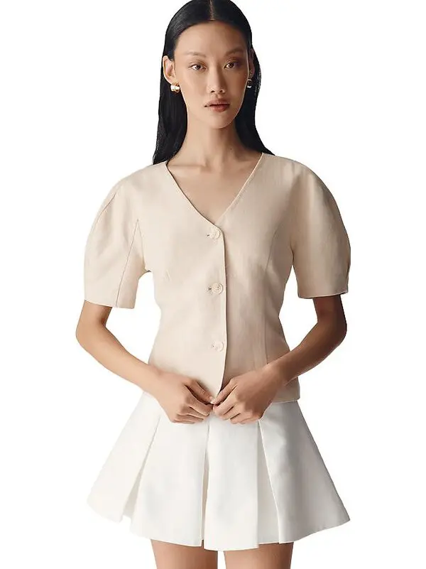 DOLAN LEFT COAST Cotton Linen Puff-sleeve Blazer Jacket - Cream