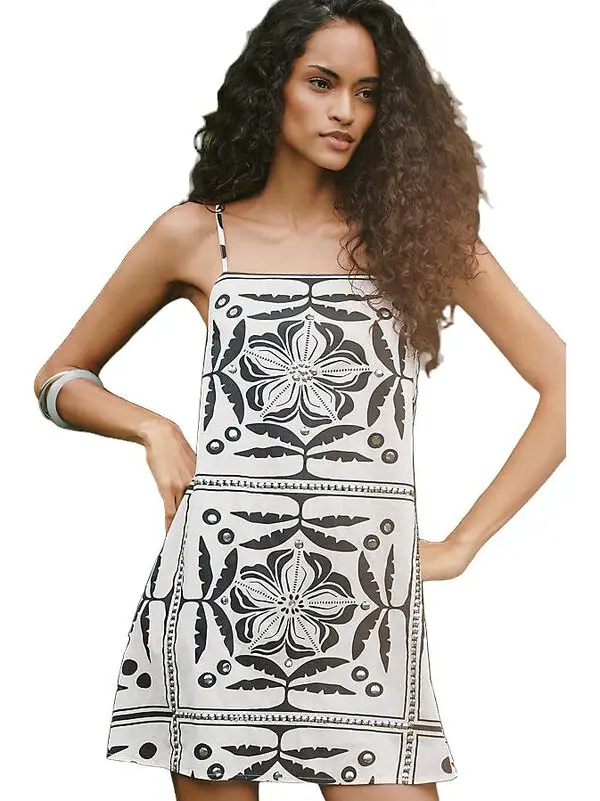 CELANDINE Cotton Printed Shift Dress With Sequin Embellishments - Black/ivory