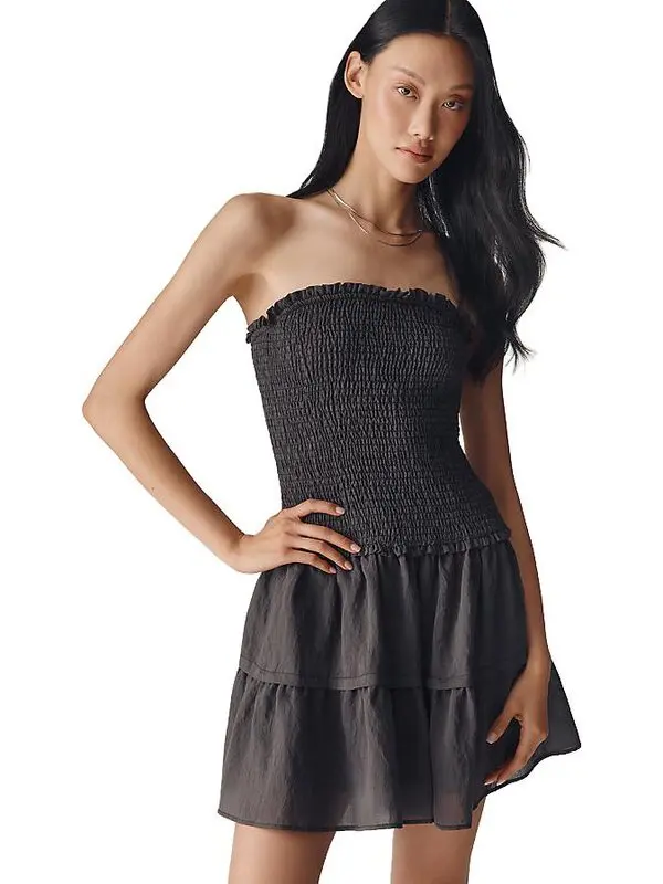 Anthropologie Strapless Smocked Tiered Mini Dress - Anthracite