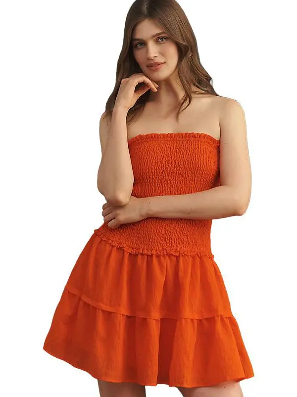 Anthropologie Strapless Smocked Tiered Mini Dress - Cherry Tomato