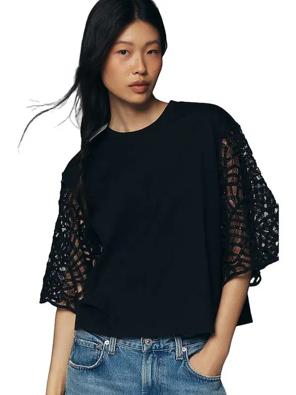 Sanctuary Crochet-sleeve T-shirt Top - Black