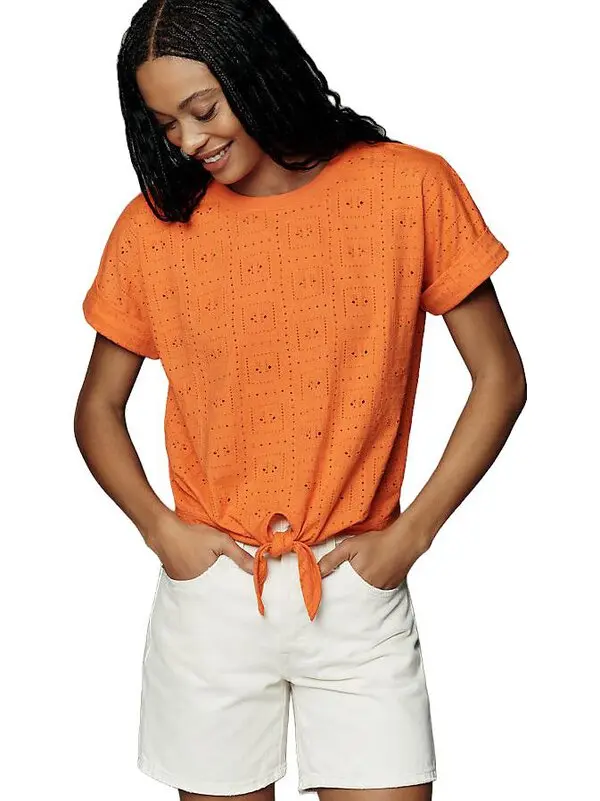 Sanctuary Eyelet Front-tie T-shirt Top - Orange
