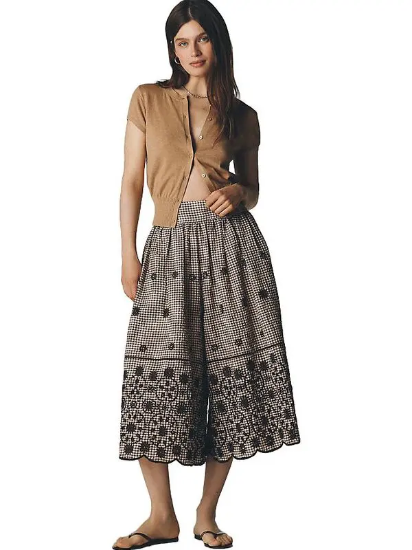 Maeve Embroidered Culotte Pants - Brown Check