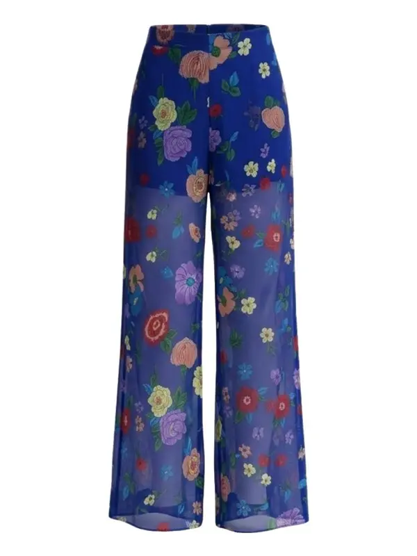 GLAM ON YOU Kyla Wide Leg Embroidered Floral Sheer Pants - Blue